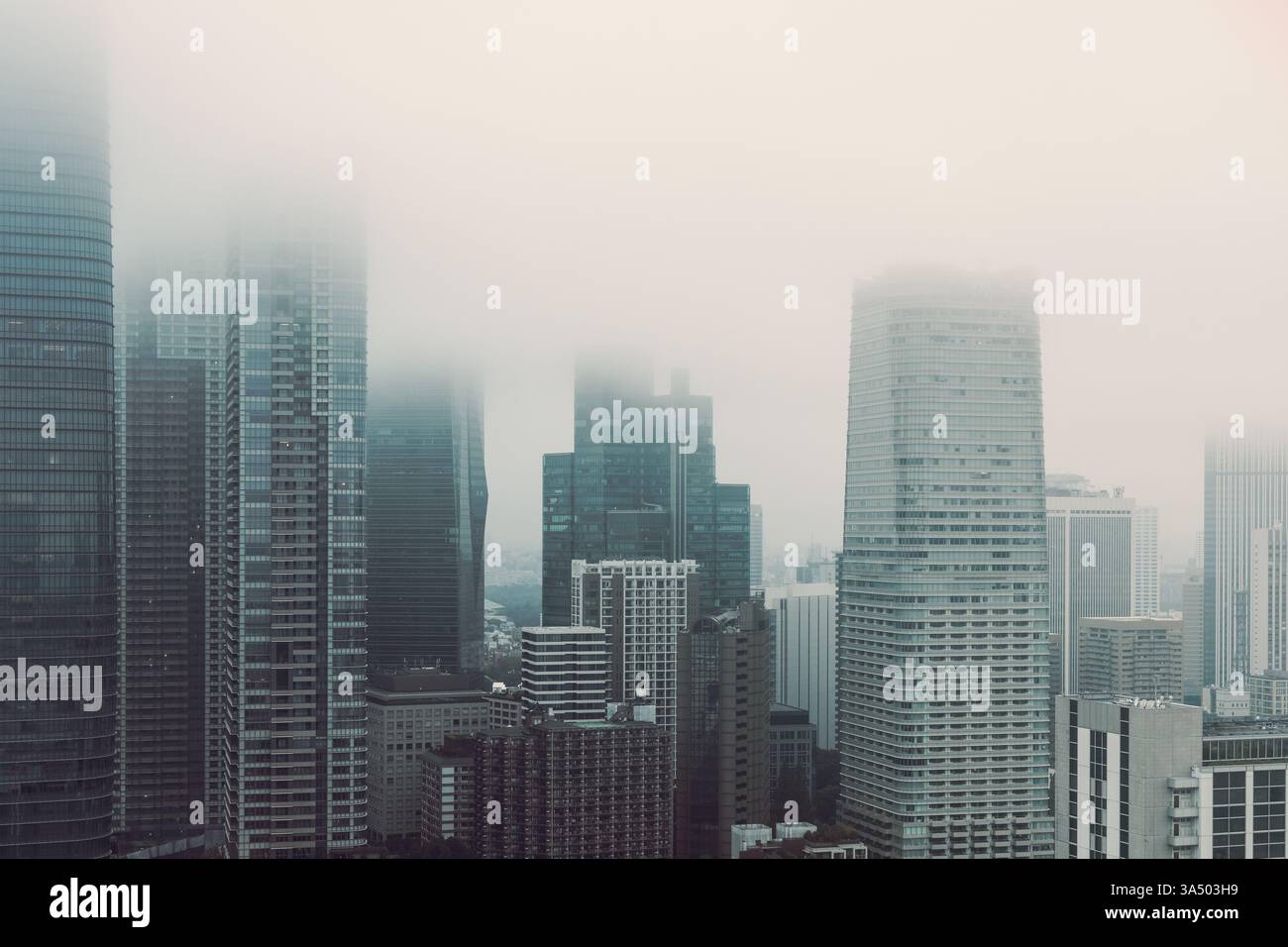 Hazy skyline of Tokyo with towering buildings enveloped in mist while ...