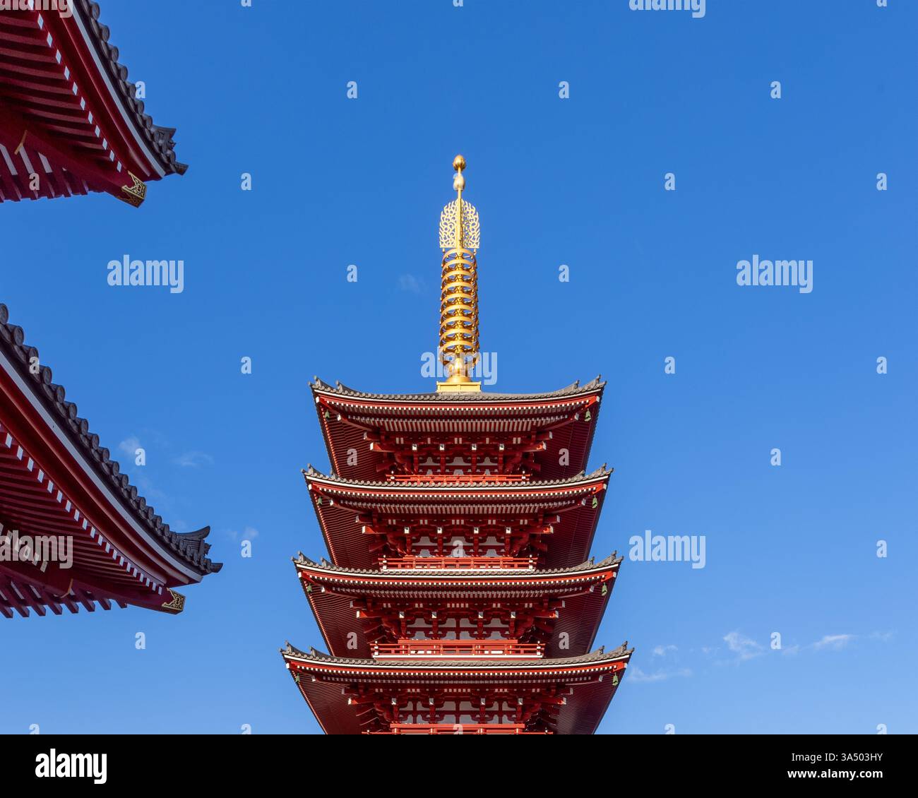 View of the red pagoda at Senso-ji Temple highlighting its intricate ...