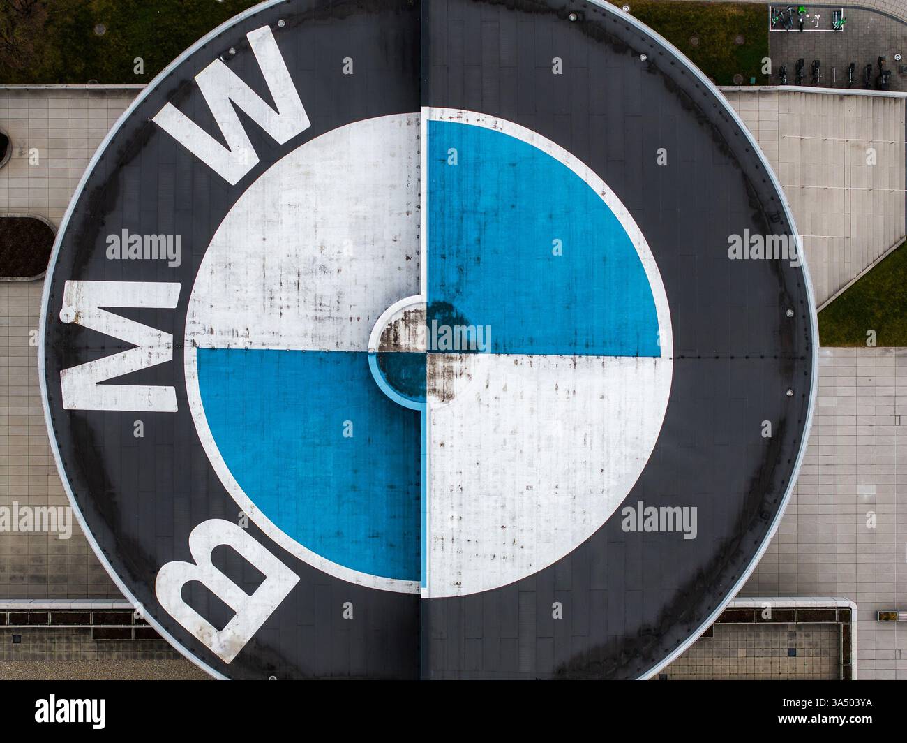 Aerial View of BMW Museum Roof Featuring Iconic BMW Logo in Munich ...