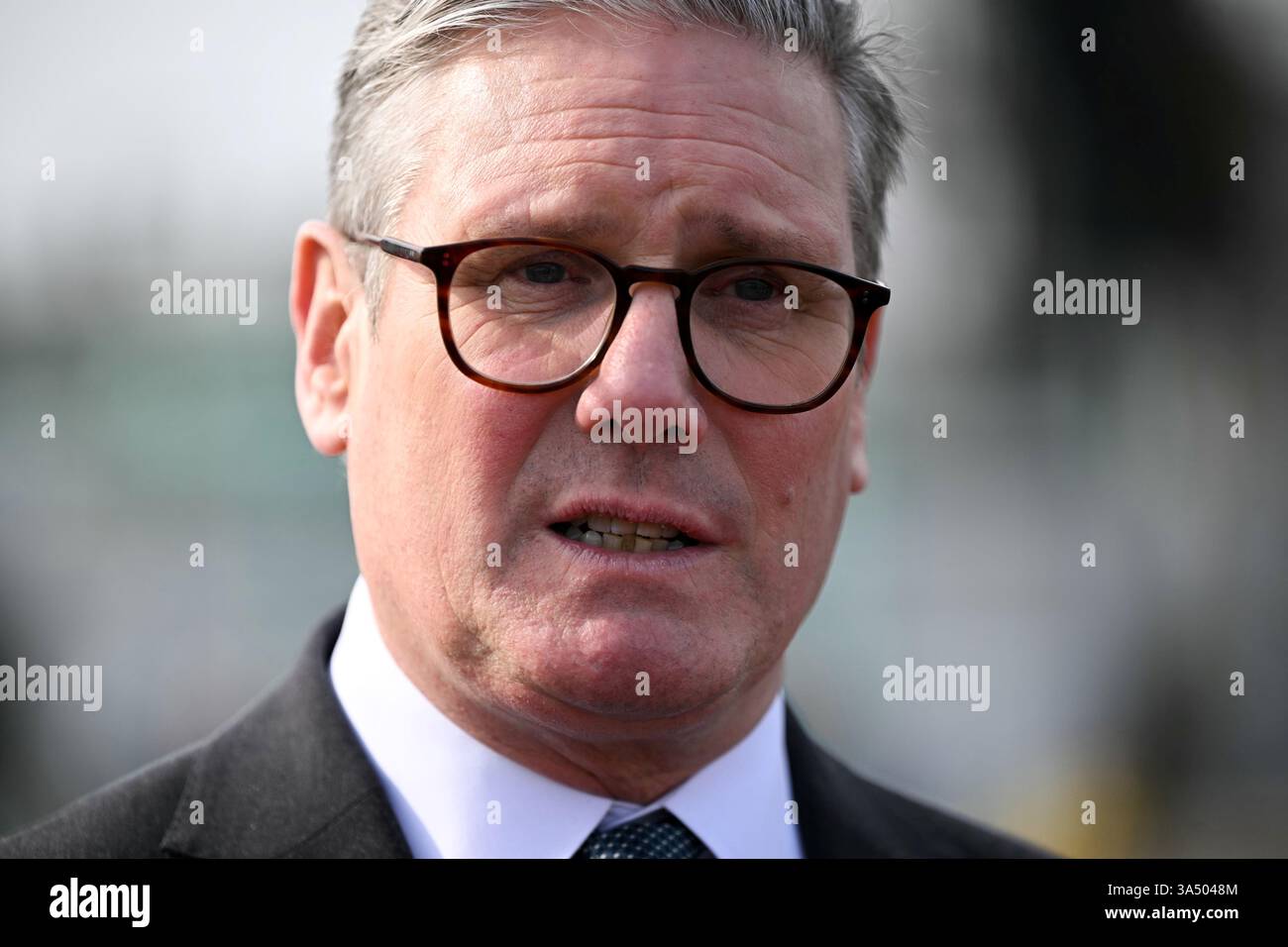 Prime Minister Sir Keir Starmer speaks to the media after addressing ...