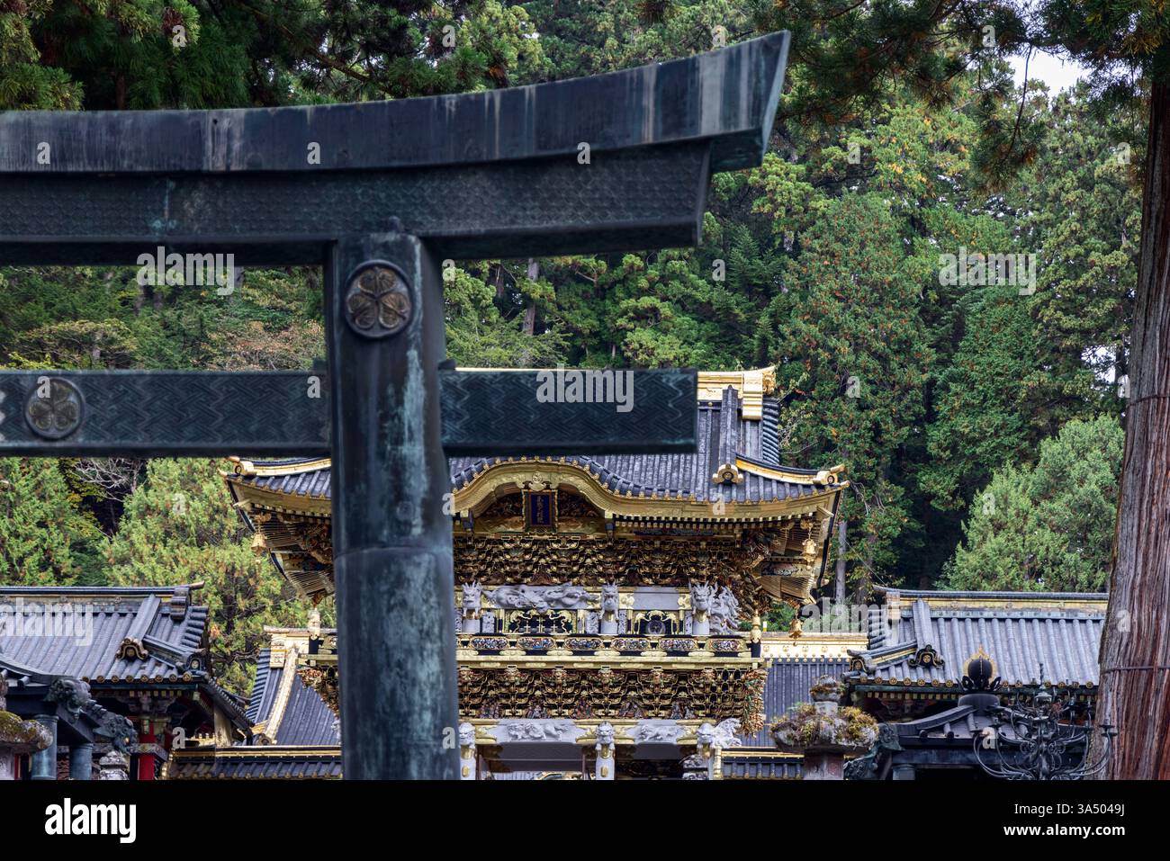 Yomeimon Gate through a historic bronze torii at Toshogu Shrine in ...