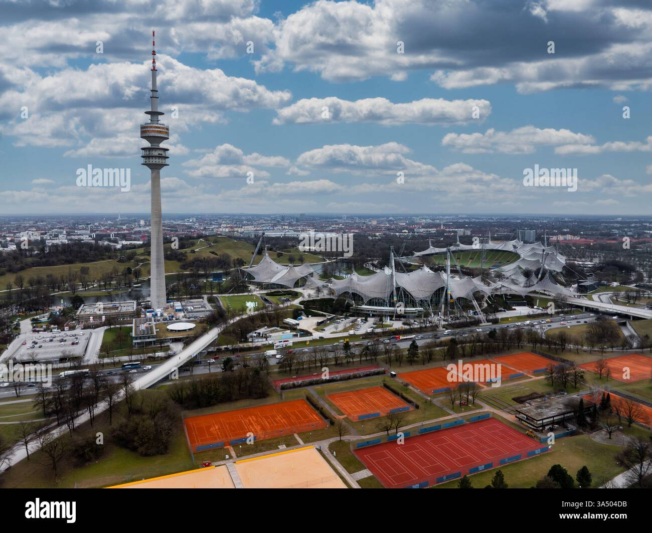 Aerial View of Olympiaturm and Munich Olympic Park Stadium in Germany ...