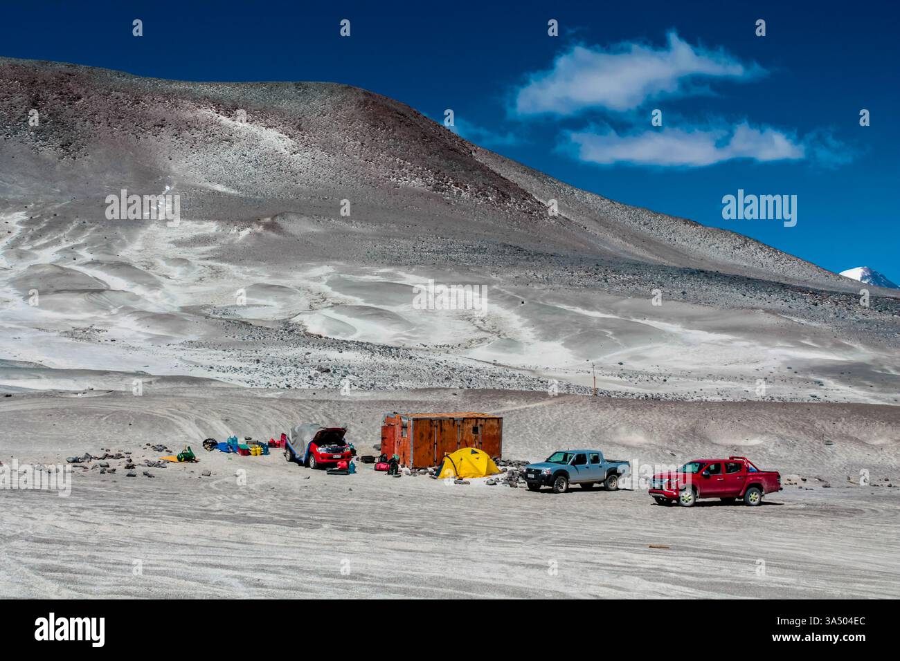 Red off road cars vehicle in Atacama desert in Chile. Long and hard ...