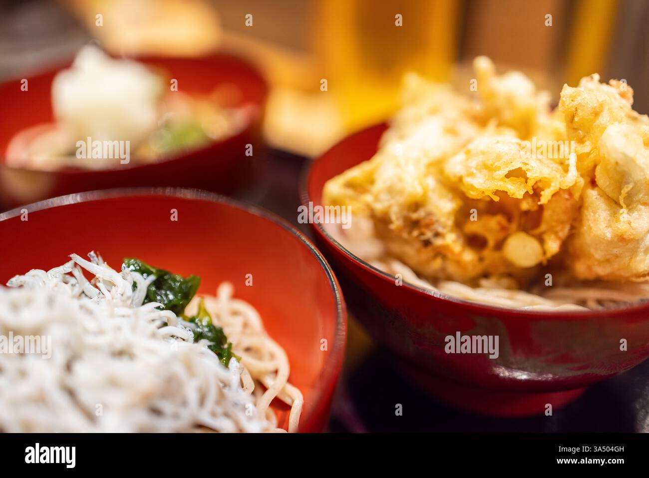 Japanese teishoku meal featuring soba noodles with crispy kakiage ...