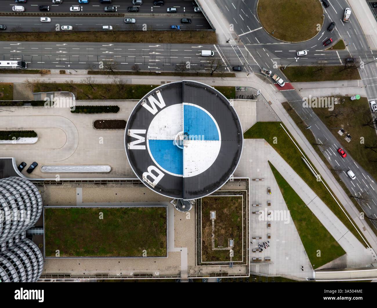 Aerial View of BMW Museum, BMW Welt, and Four Cylinder Tower in Munich ...