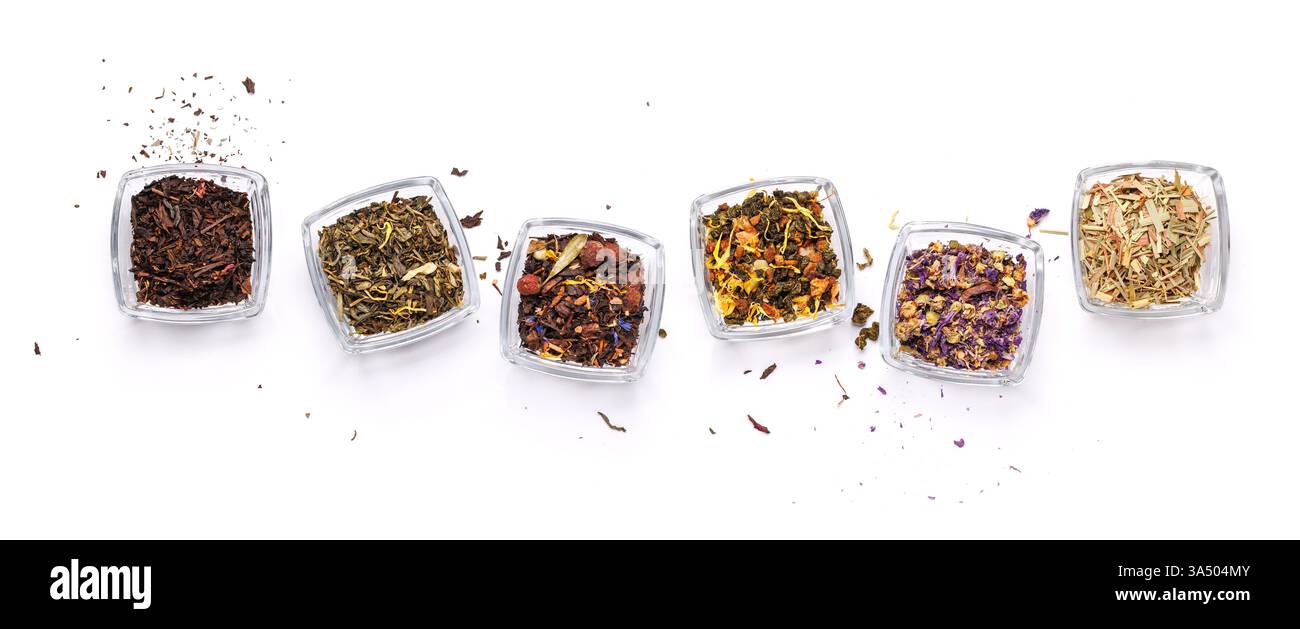An assortment of various dry tea leaves, showcasing different textures ...