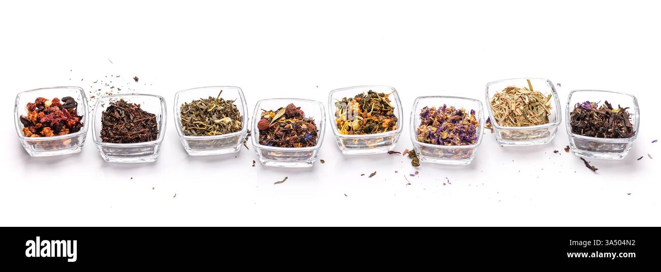 An assortment of various dry tea leaves, showcasing different textures ...