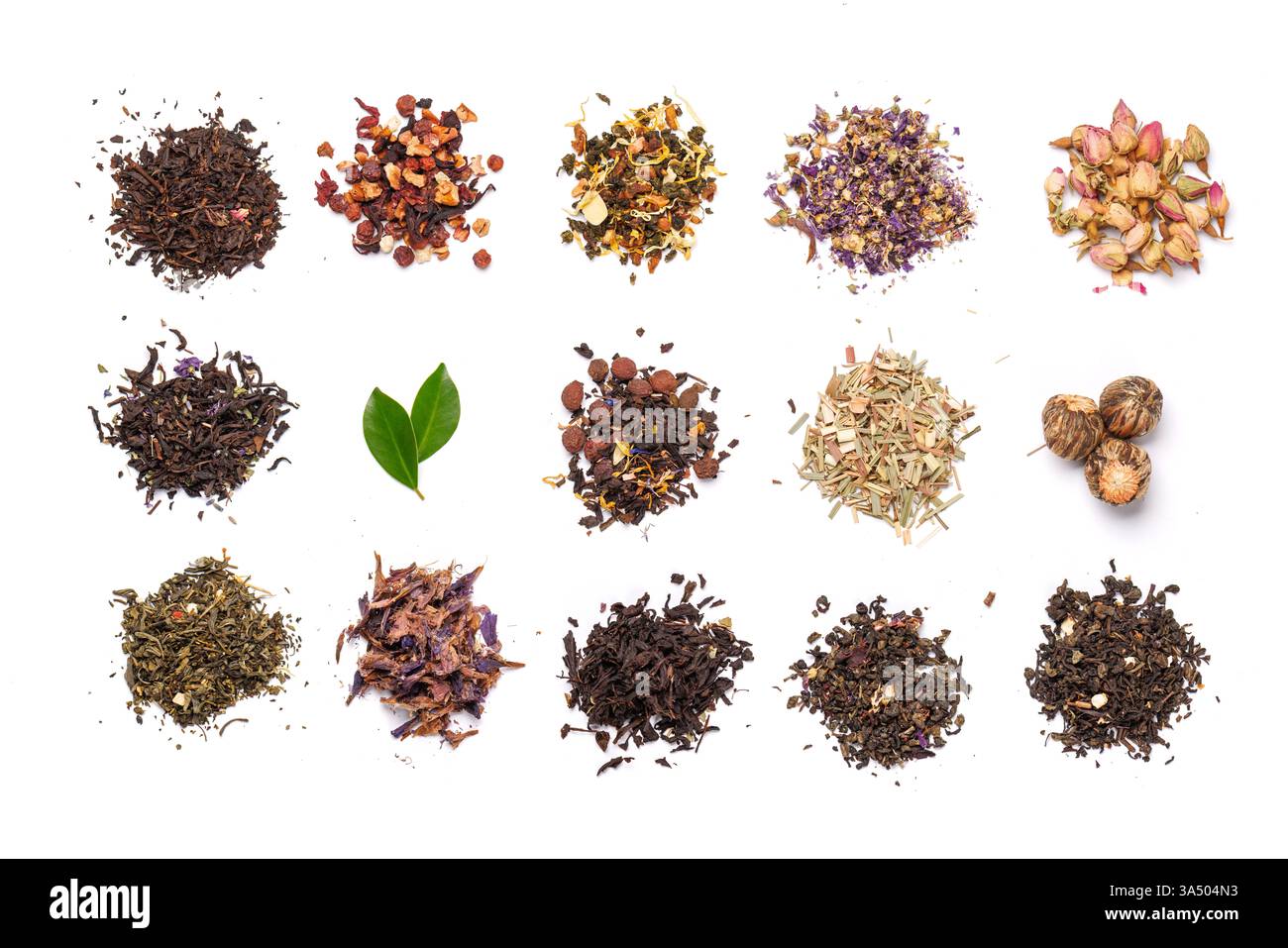 An assortment of various dry tea leaves, showcasing different textures ...