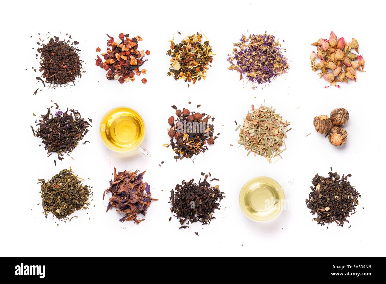 An assortment of various dry tea leaves, showcasing different textures ...
