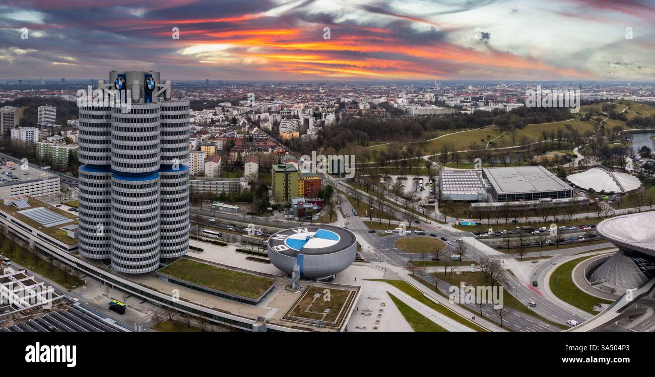 Aerial View of Munich at Sunset Featuring BMW Headquarters and Museum ...
