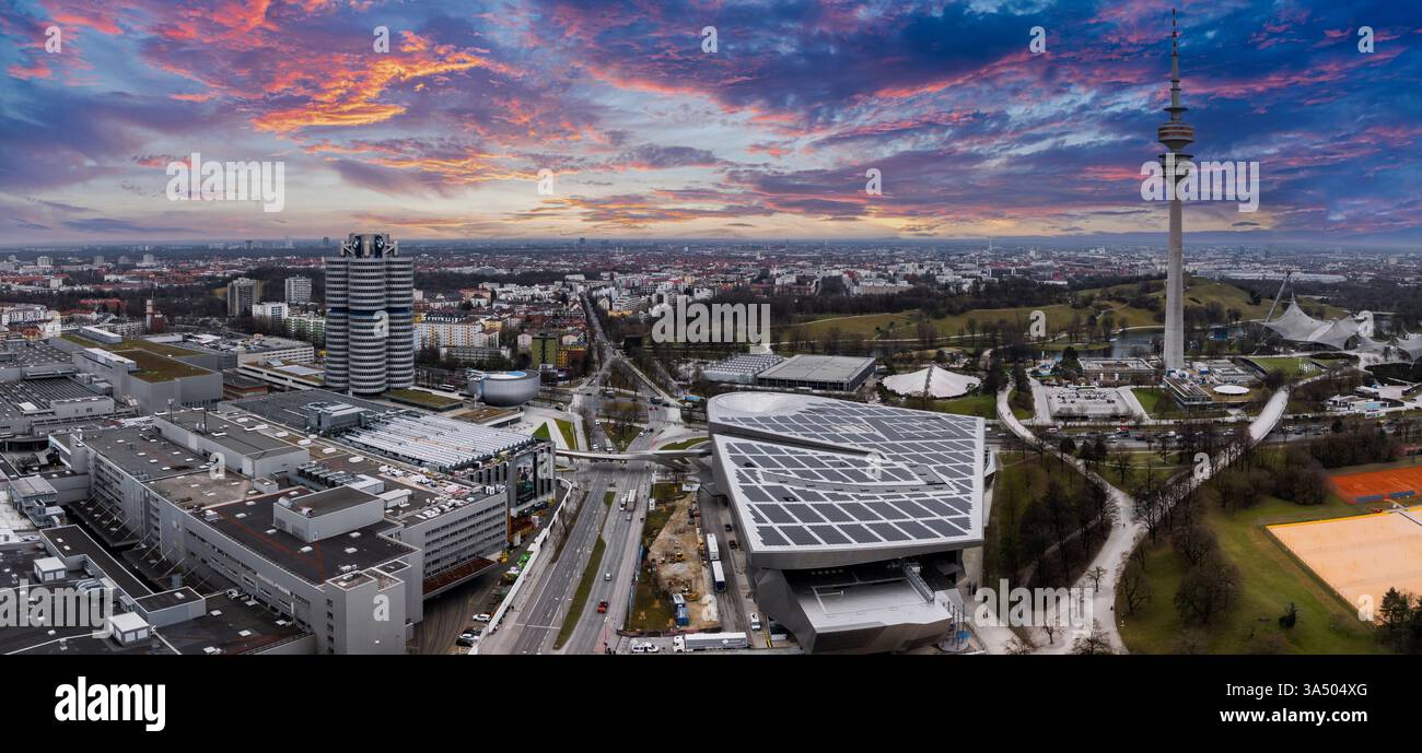 Aerial View of Munich at Sunset Featuring BMW Museum and Olympiaturm ...