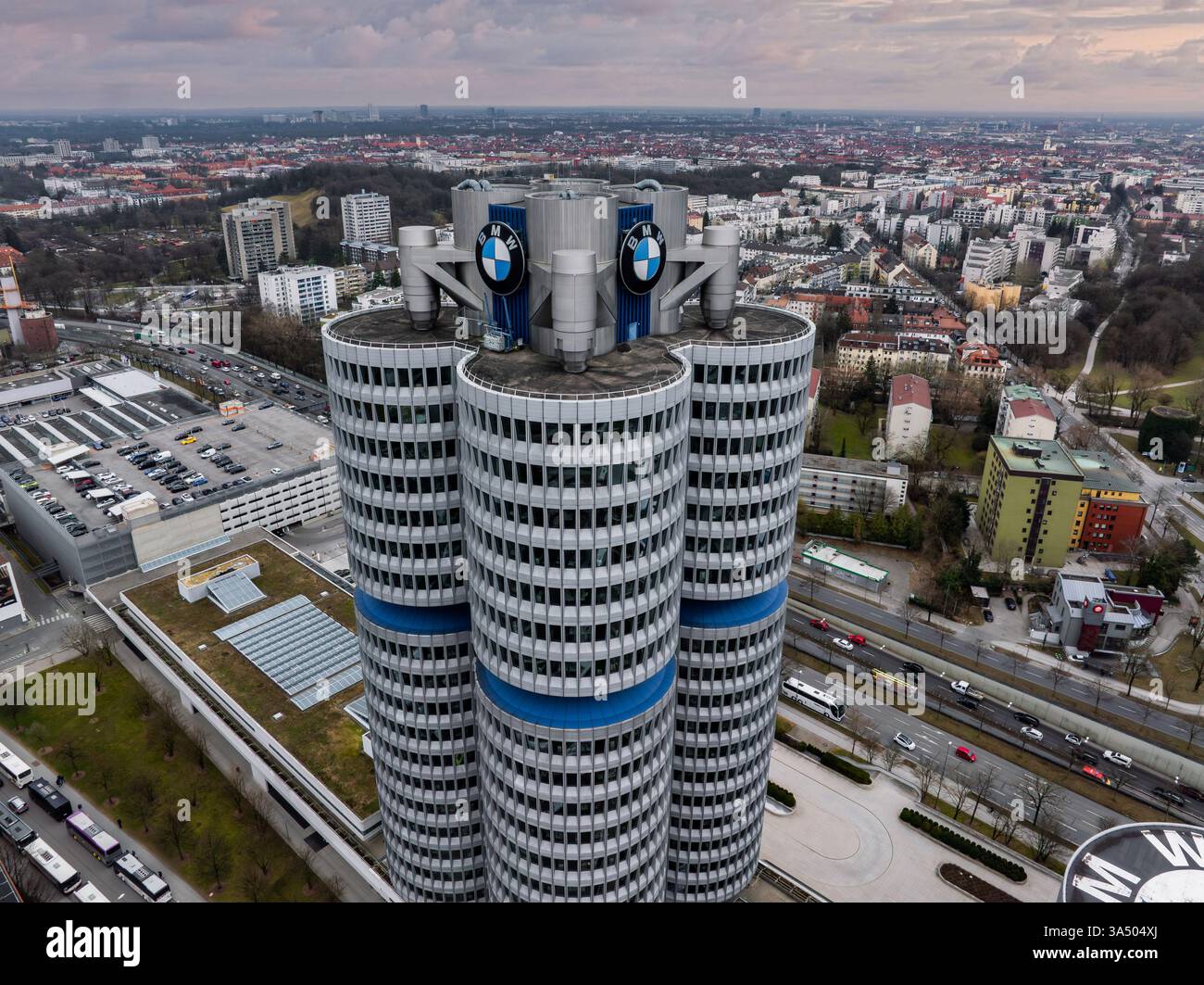 Aerial View of BMW Headquarters and Museum in Munich at Sunset Stock ...