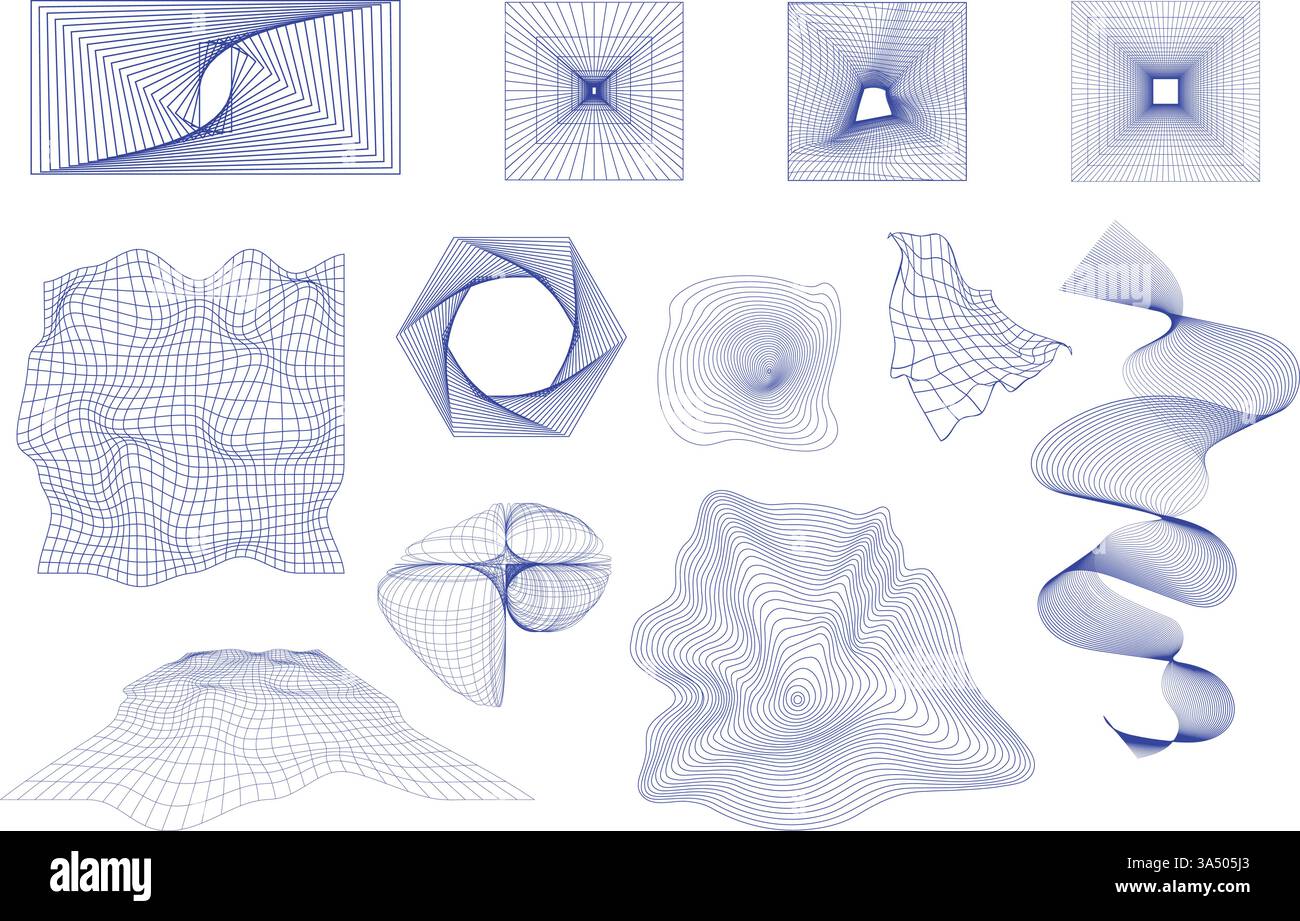 Collection of warped grid structures, topographic curves, and abstract ...