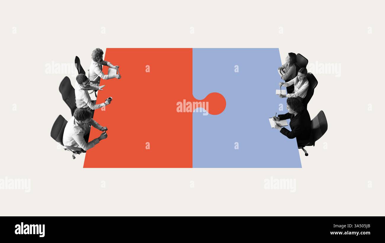 Corporate alignment. Business teams positioned around puzzle table, symbolizing strategic ...