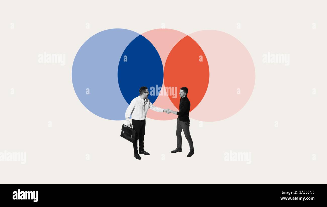 Strategic deal. Two partners shaking hands under intersecting spheres ...