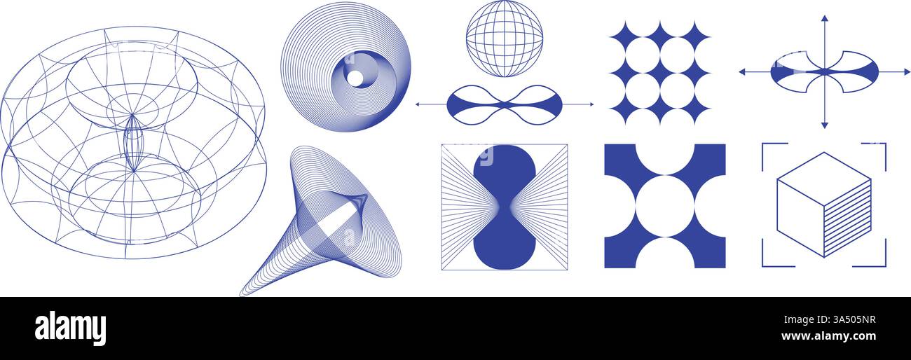 Vector design, futuristic graphics. Composition of toroidal and spiraling structures alongside ...