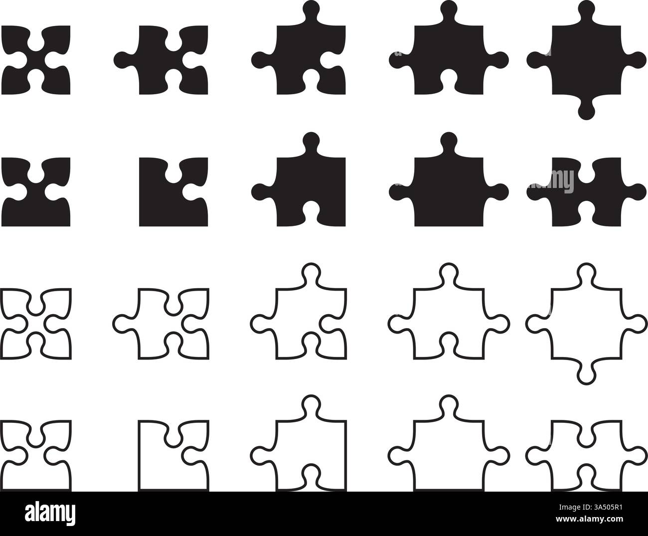 Various jigsaw puzzle pieces displayed in black and white with ...
