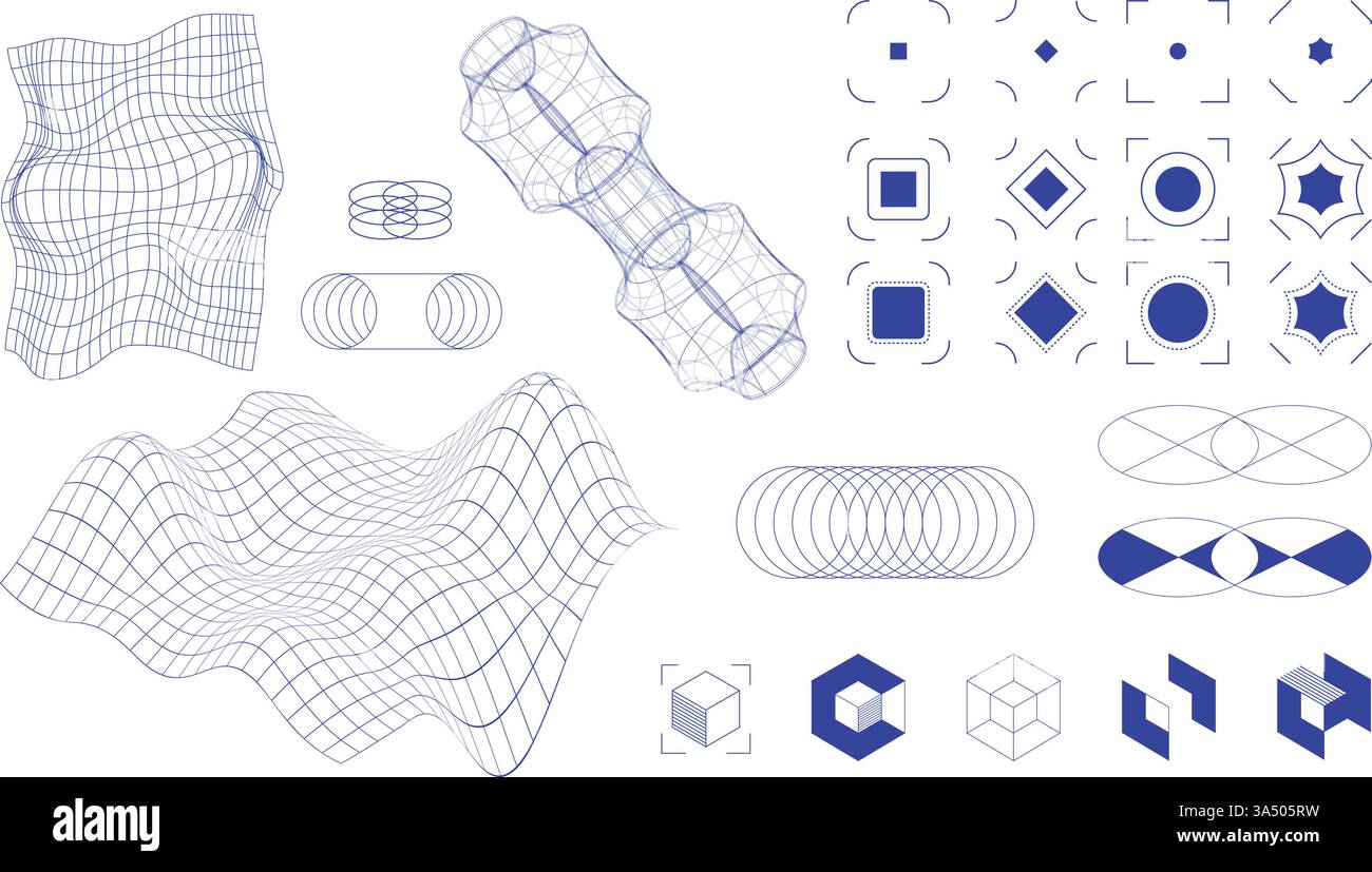 Vector design. Set of structured geometric patterns, including recursive grids, optical ...