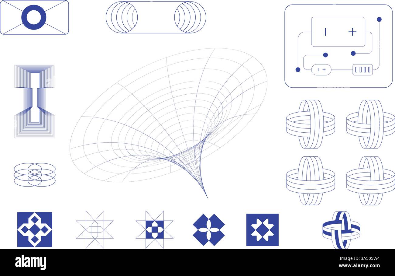 Futuristic wireframe models of abstract forms resembling wormholes and ...