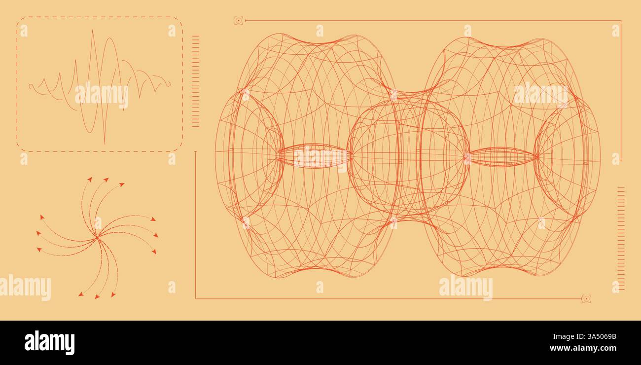 Large interconnected toroidal structures, oscillation waves, and field vectors in bright orange ...