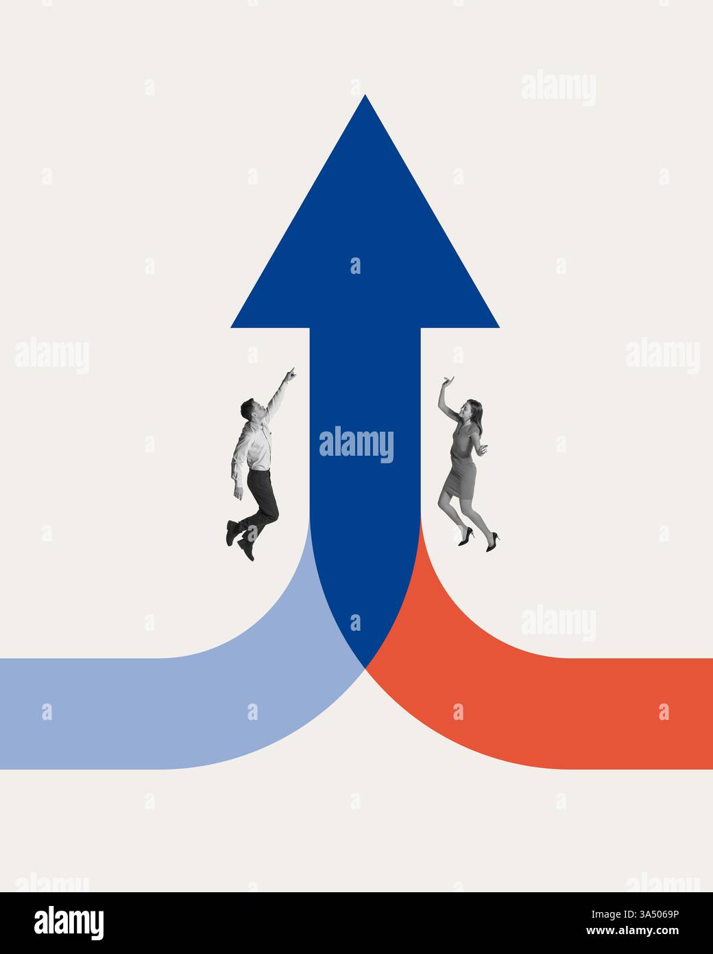 Growth strategy. Two executives rising through converging paths towards ...