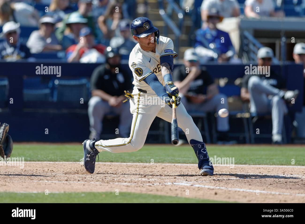Phoenix, AZ. USA; Milwaukee Brewers shortstop Joey Ortiz (3) doubles to ...