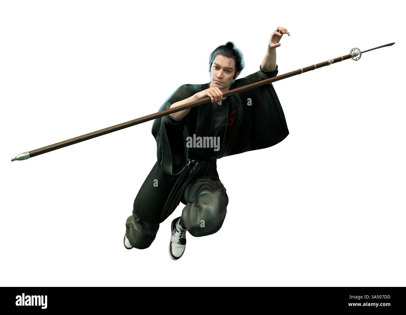 3D rendering of an Asian modern samurai holding a naginata isolated on ...