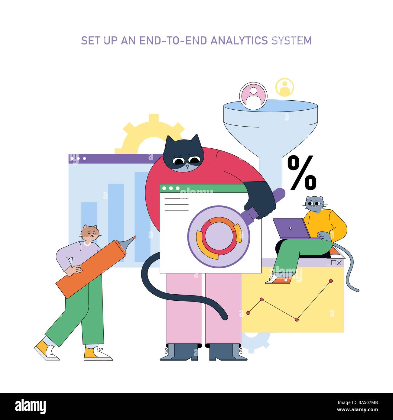 Marketing tools for analytics system development. The illustration features characters engaged ...