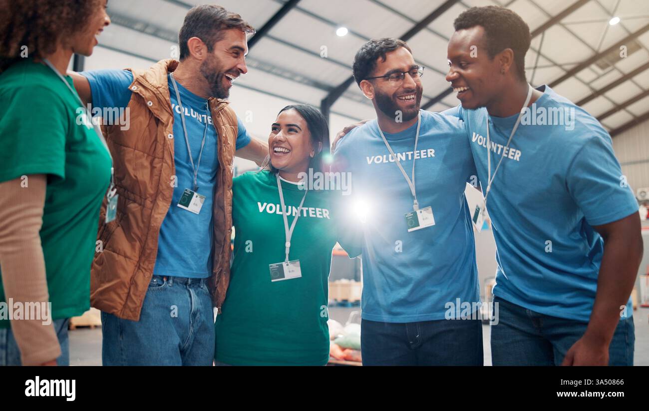 People, volunteer and huddle with support of charity, team building and trust for community ...