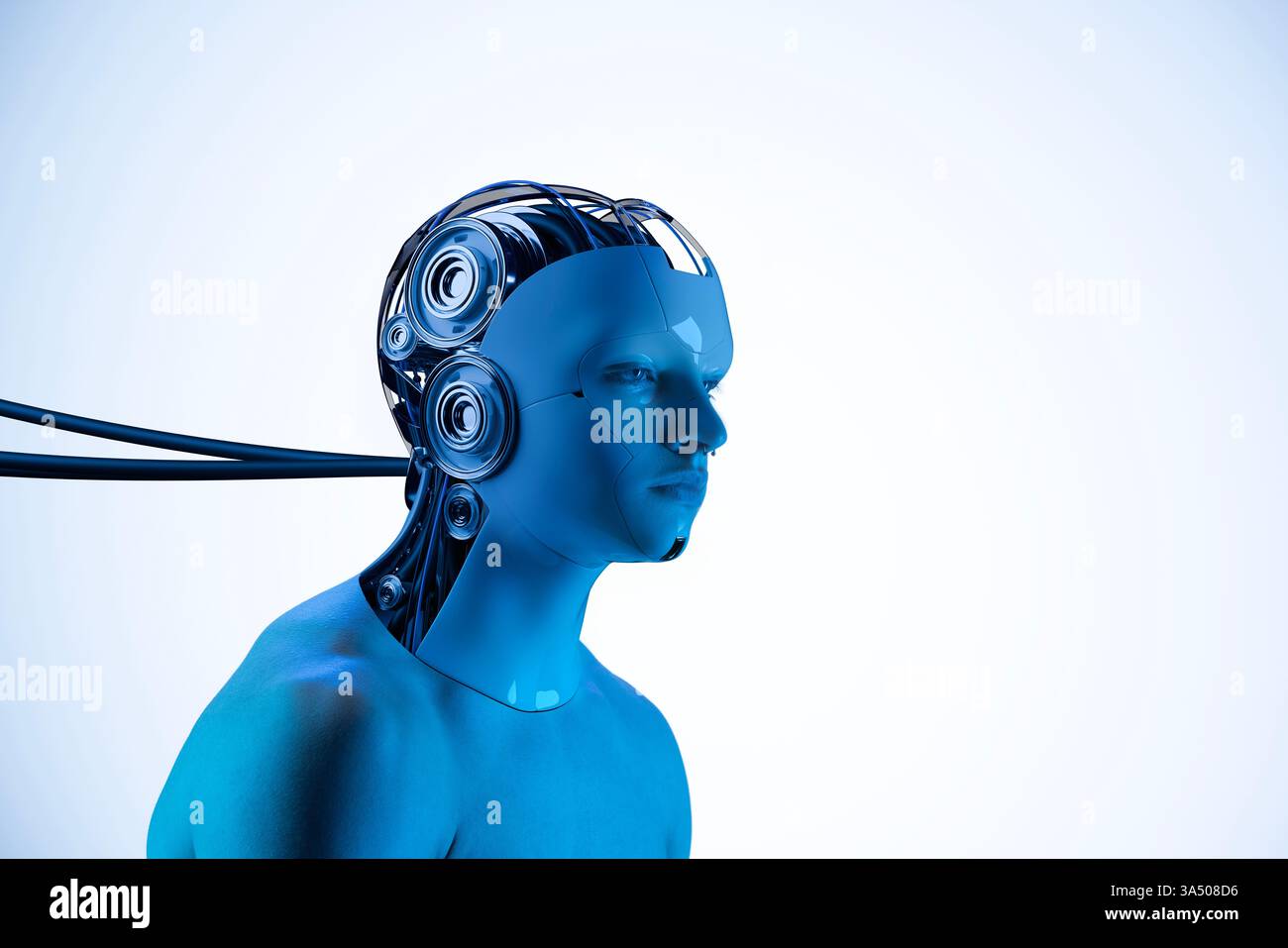 Composite image made of man's portrait and 3D model of robot cyborg ...