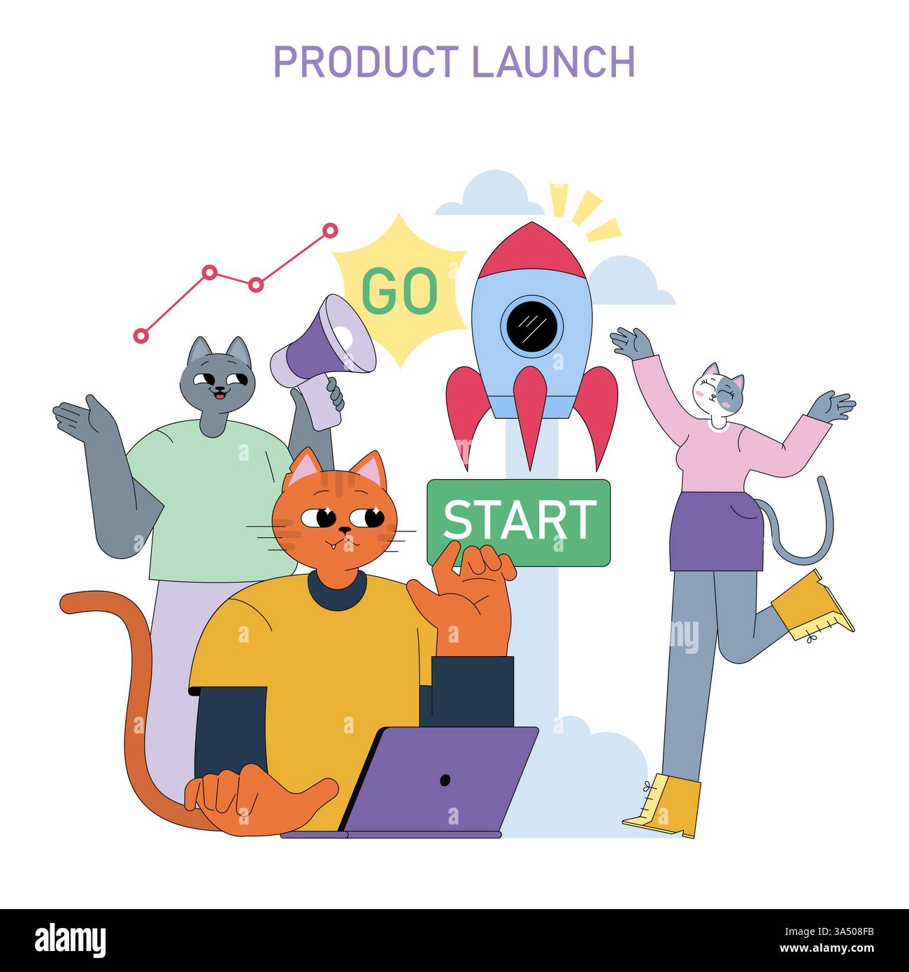 Product launch illustration. A group of animated cats enthusiastically ...