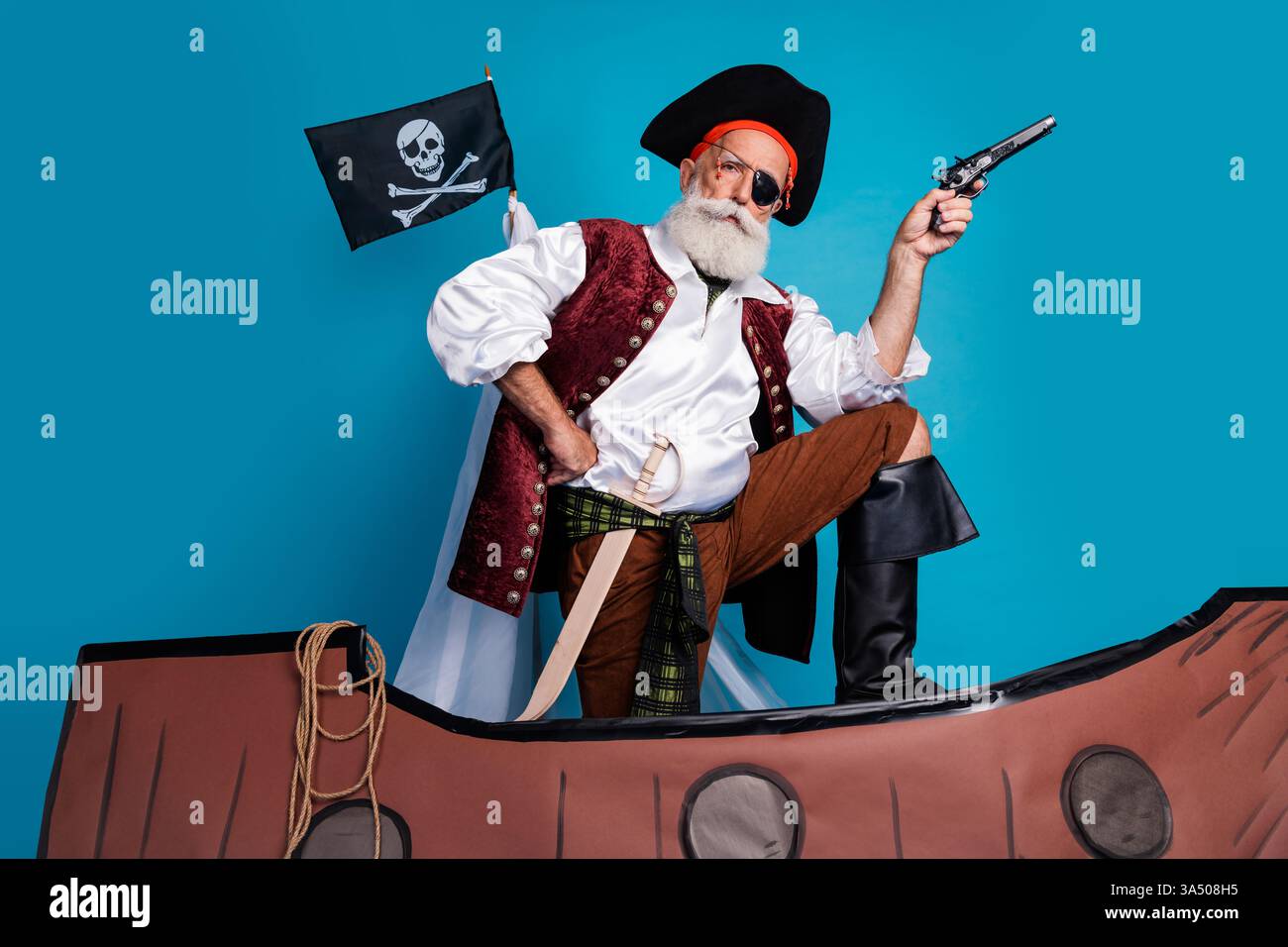 Photo of strong pirate man wearing retro clothes swimming wooden boat ...