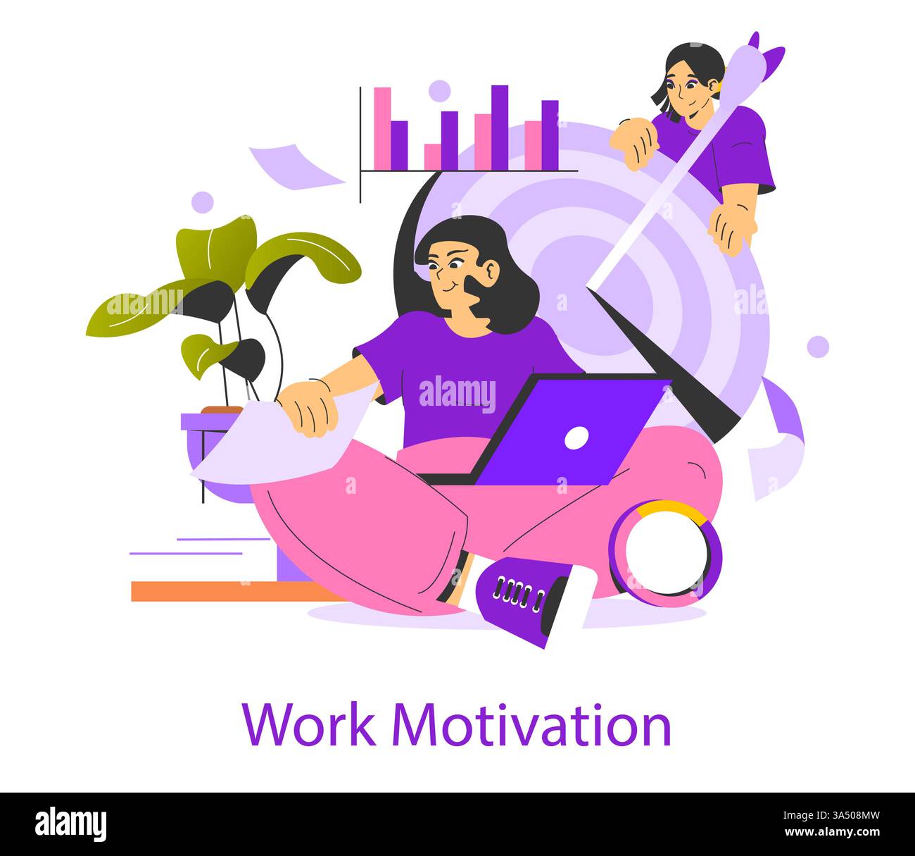 Work motivation theme with a character engaged in productive activities ...