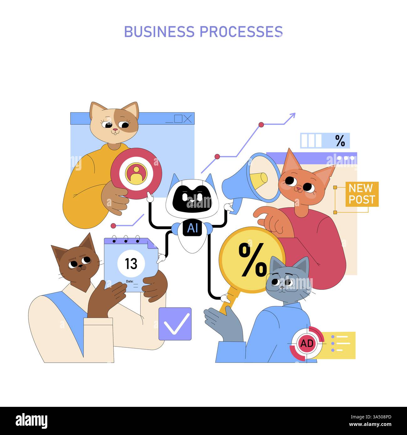 Business processes illustrated through engaging characters showing teamwork and communication ...