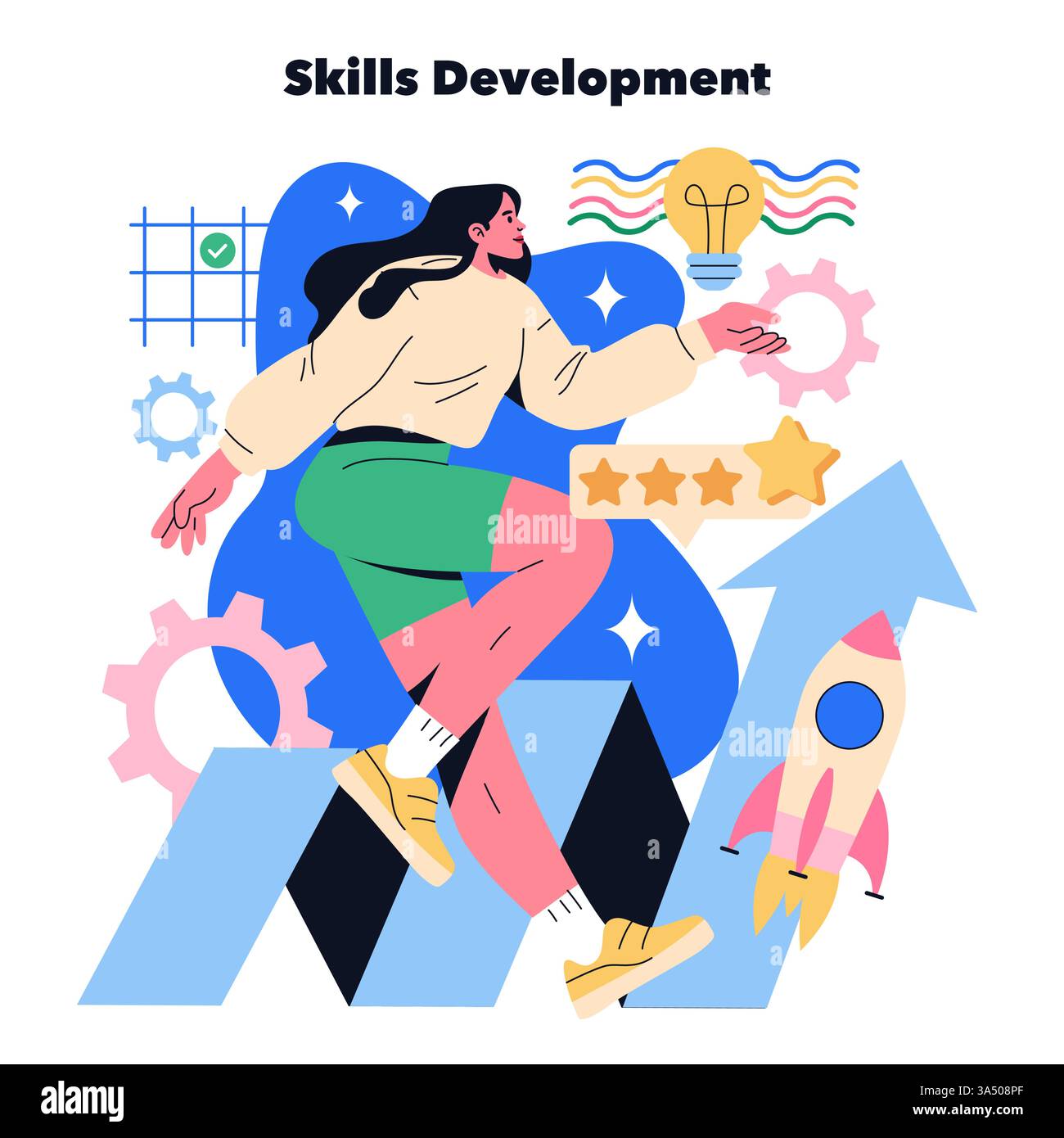 Skills development focus illustration. The design highlights personal growth through workshops ...