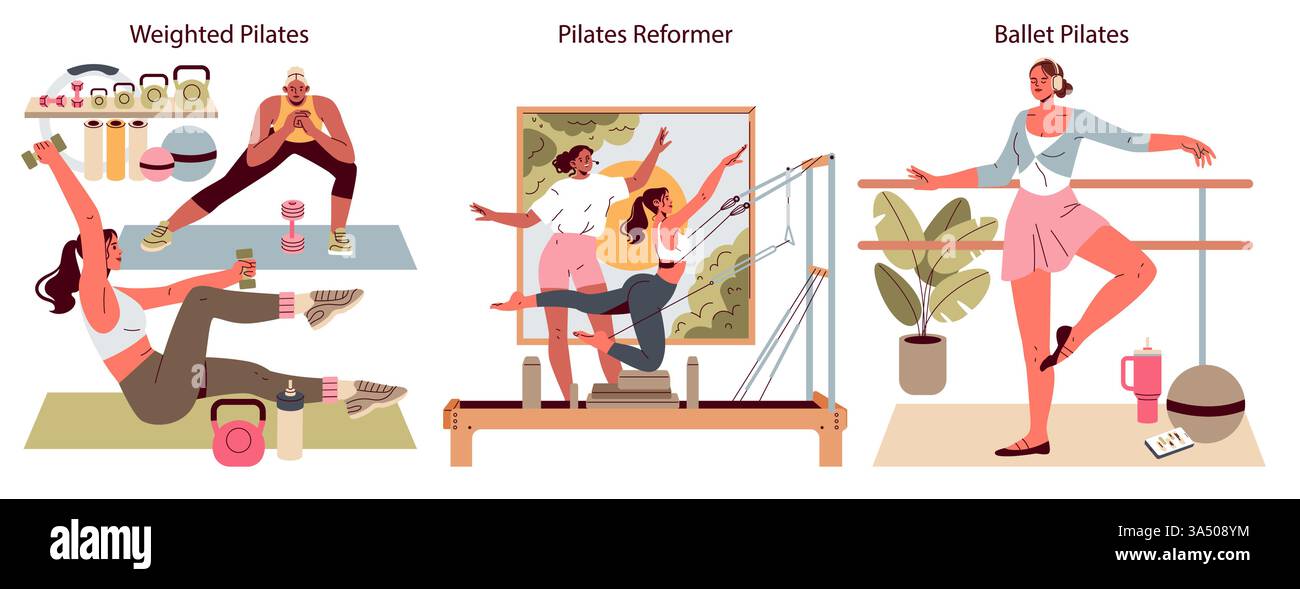 Pilates illustration series showcasing three styles: weighted Pilates ...