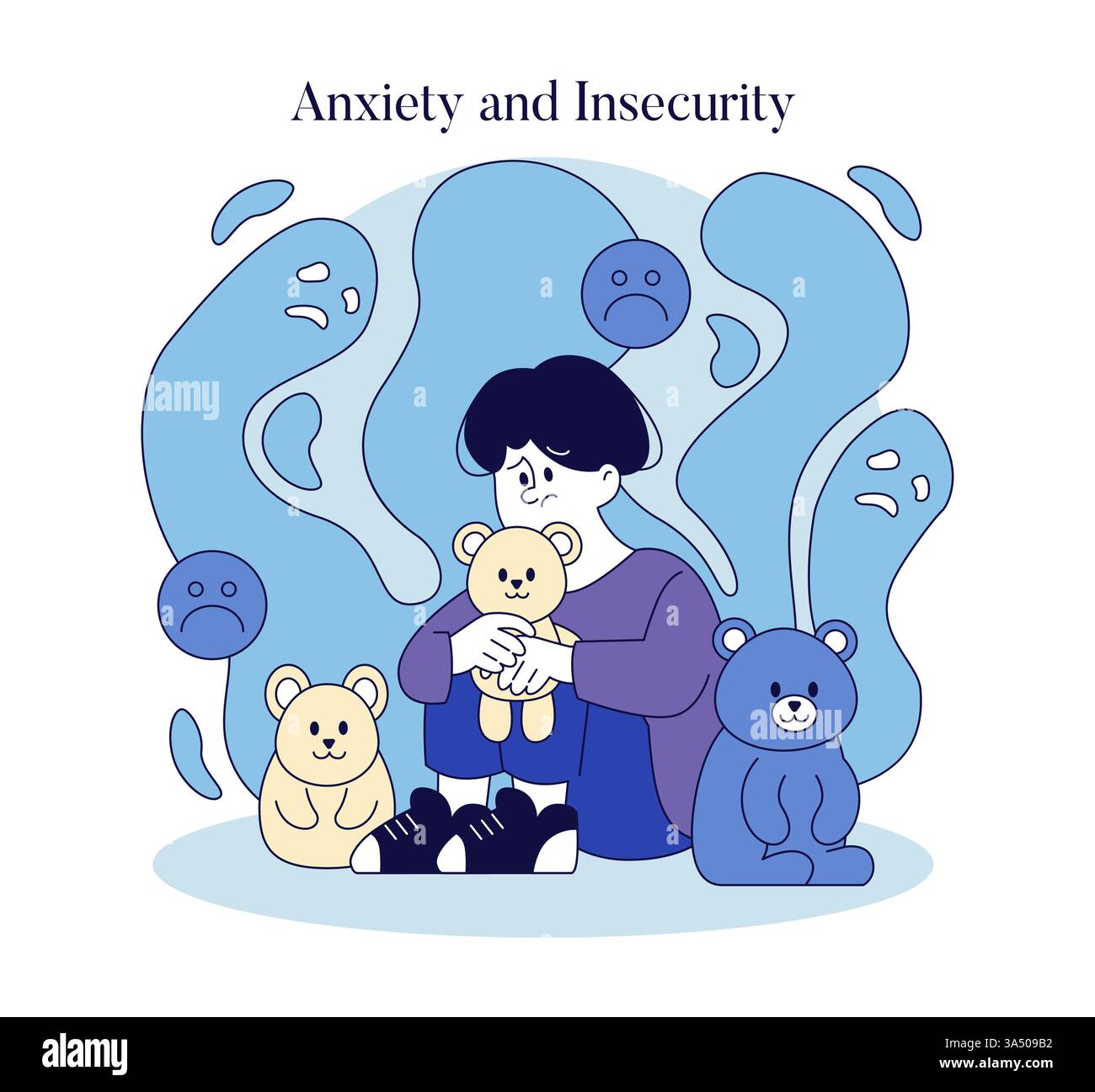 Illustration captures a child surrounded by stuffed animals, conveying ...