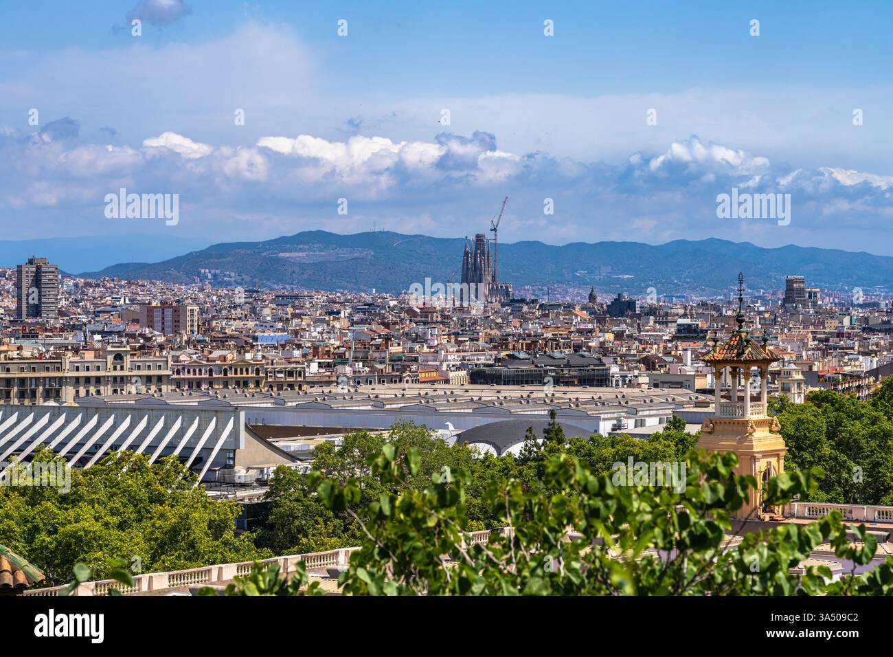 Aerial panorama view of Barcelona cityscape with Sagrada Familia temple ...