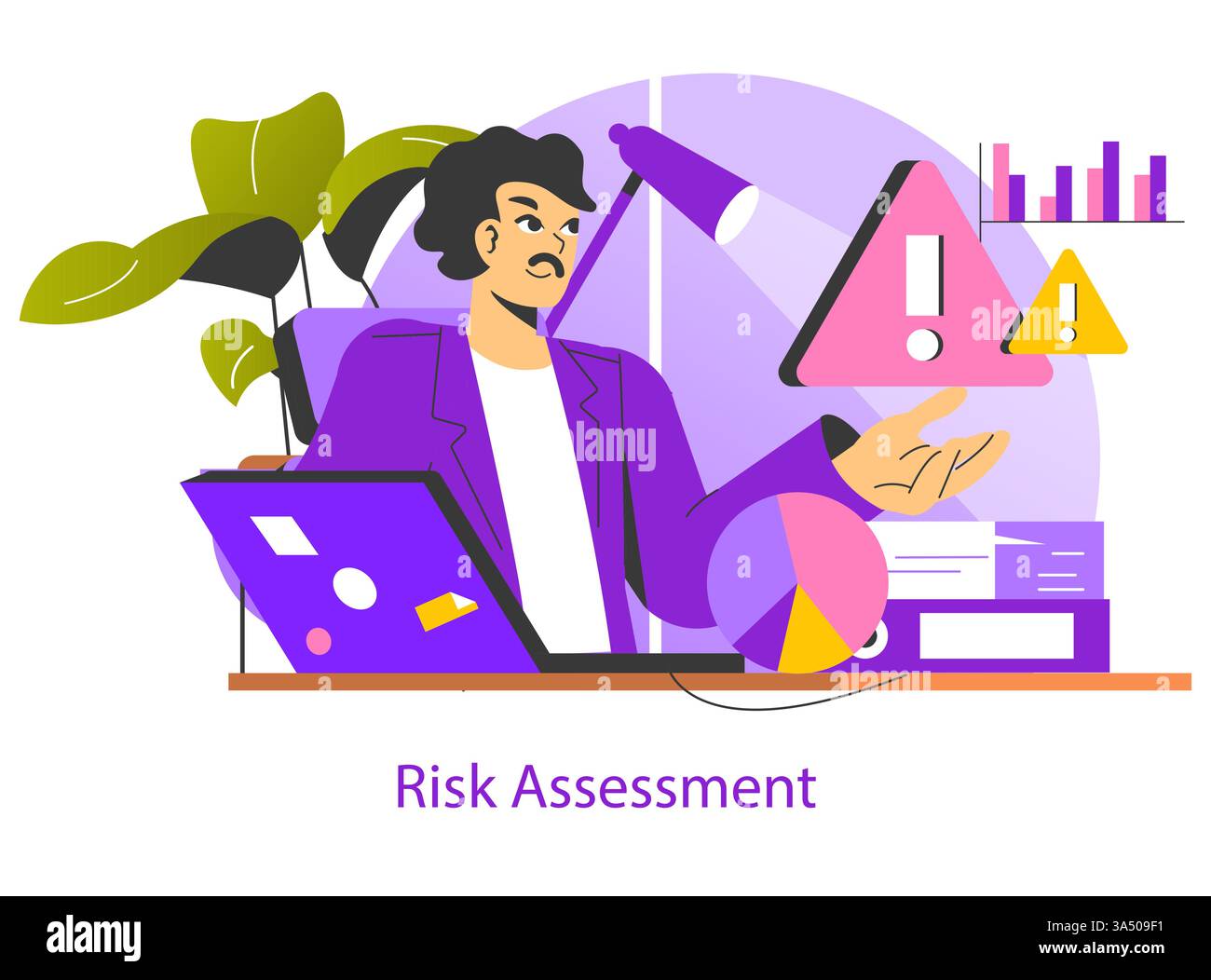 Risk Assessment illustration. This image depicts a professional evaluating potential risks in a ...