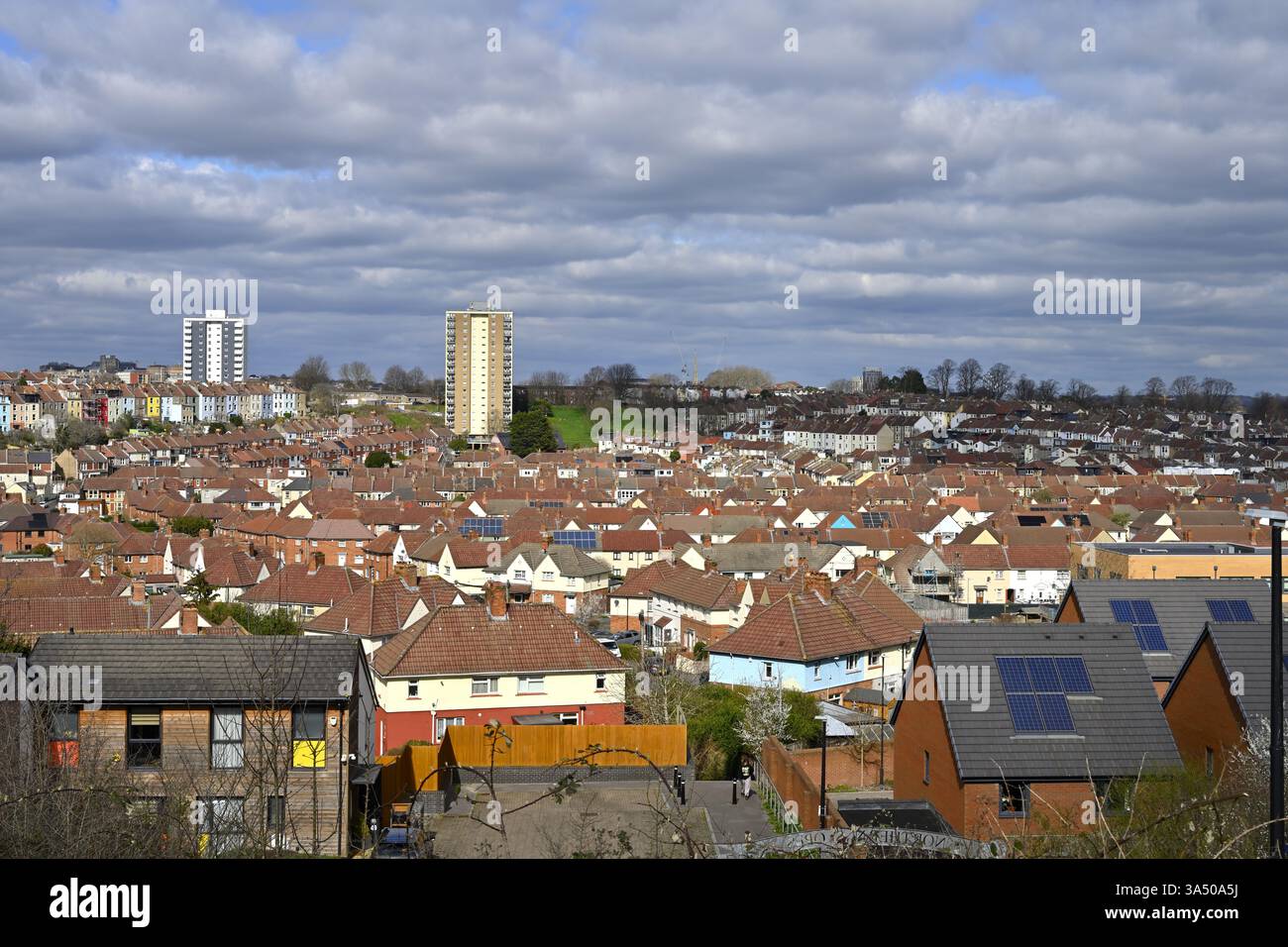 Overlooking urban residential houses and two tower blocks in Bristol ...