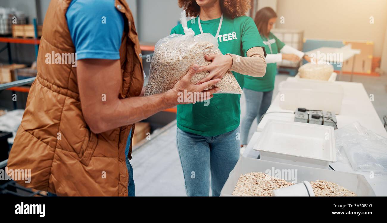 Volunteer, teamwork and packing food for charity with community service ...