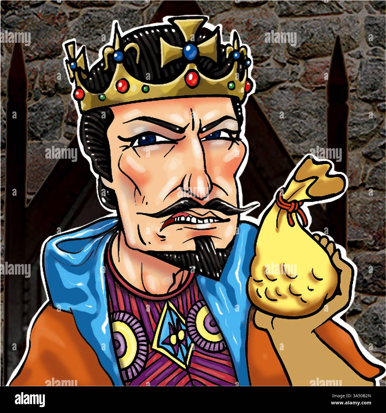 Cartoon art KingJohn holding Richard's ransom money, John is cast as ...