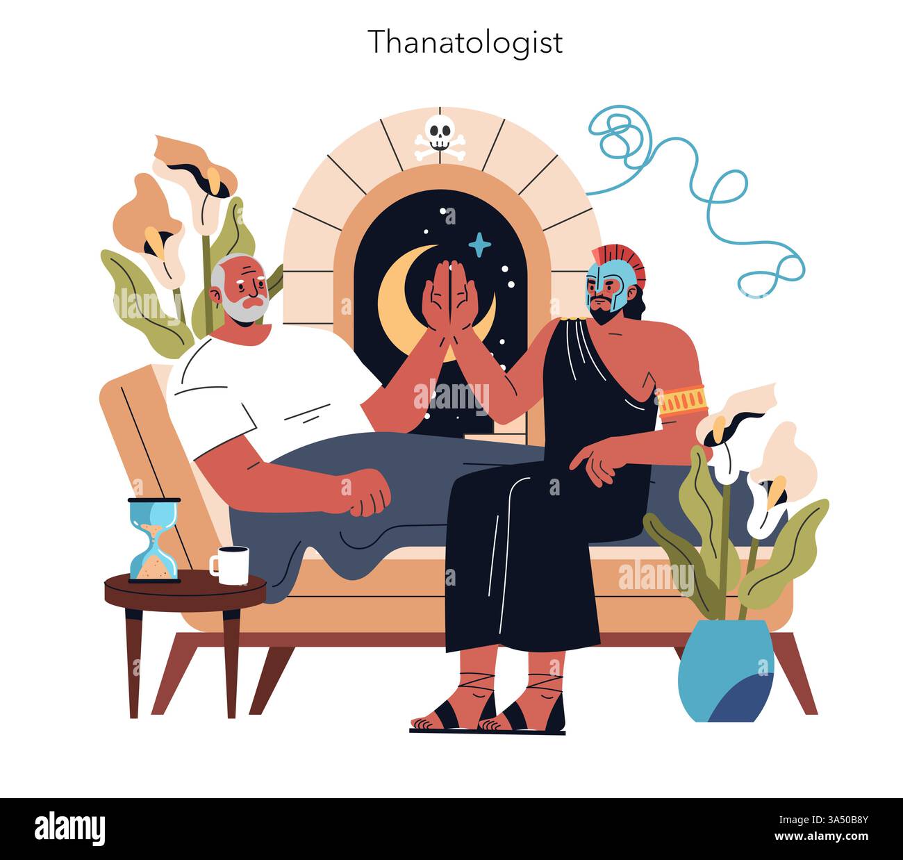 Thanatologist illustration. Focus on the dialogue between two figures ...