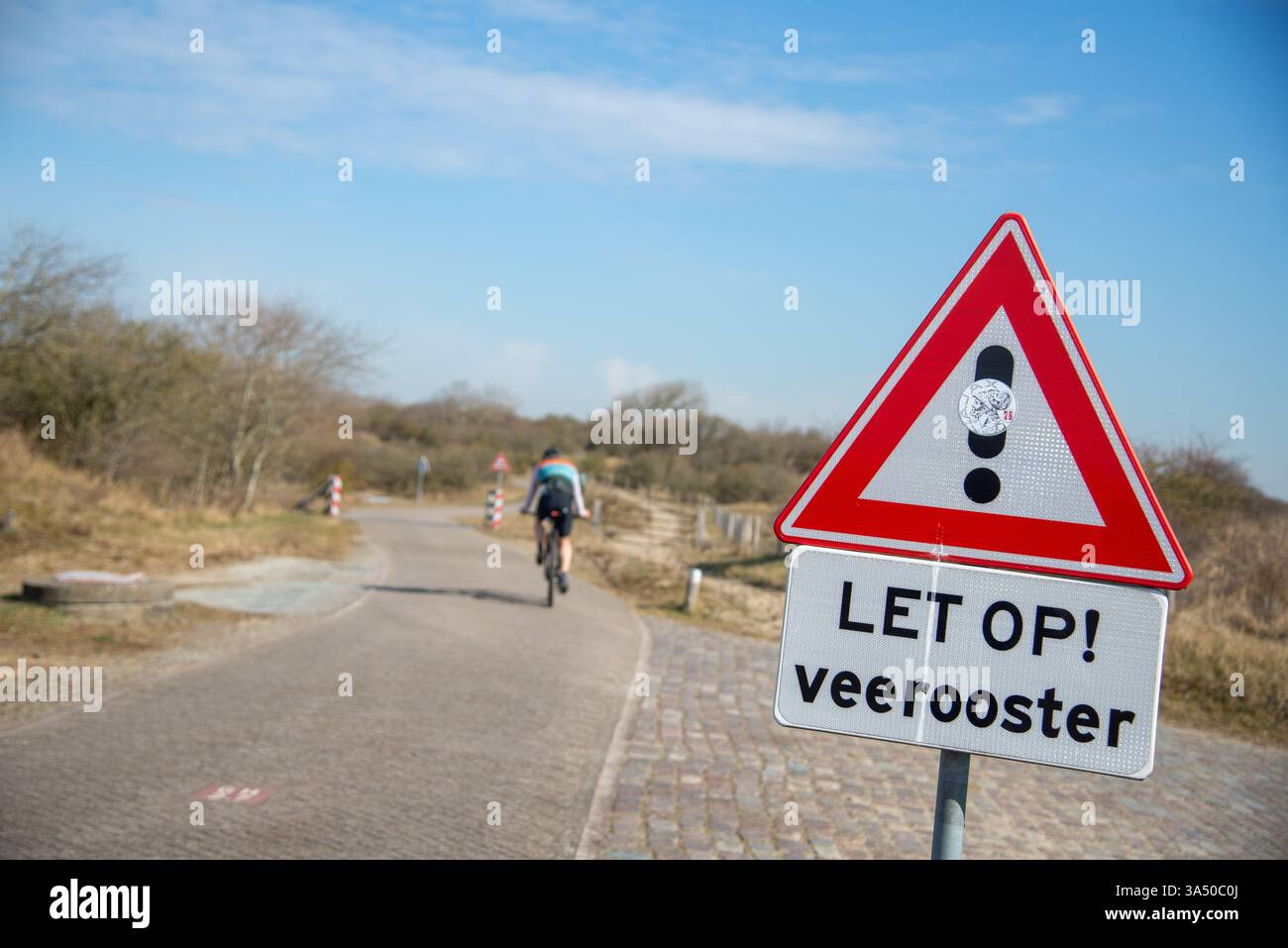 warning sign for cattle grid at cycle path through dunes in Meyendel ...