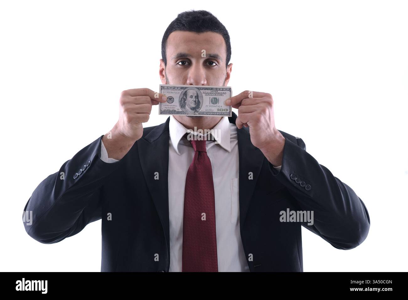 Portrait of a business man holding and catch falling money bills ...