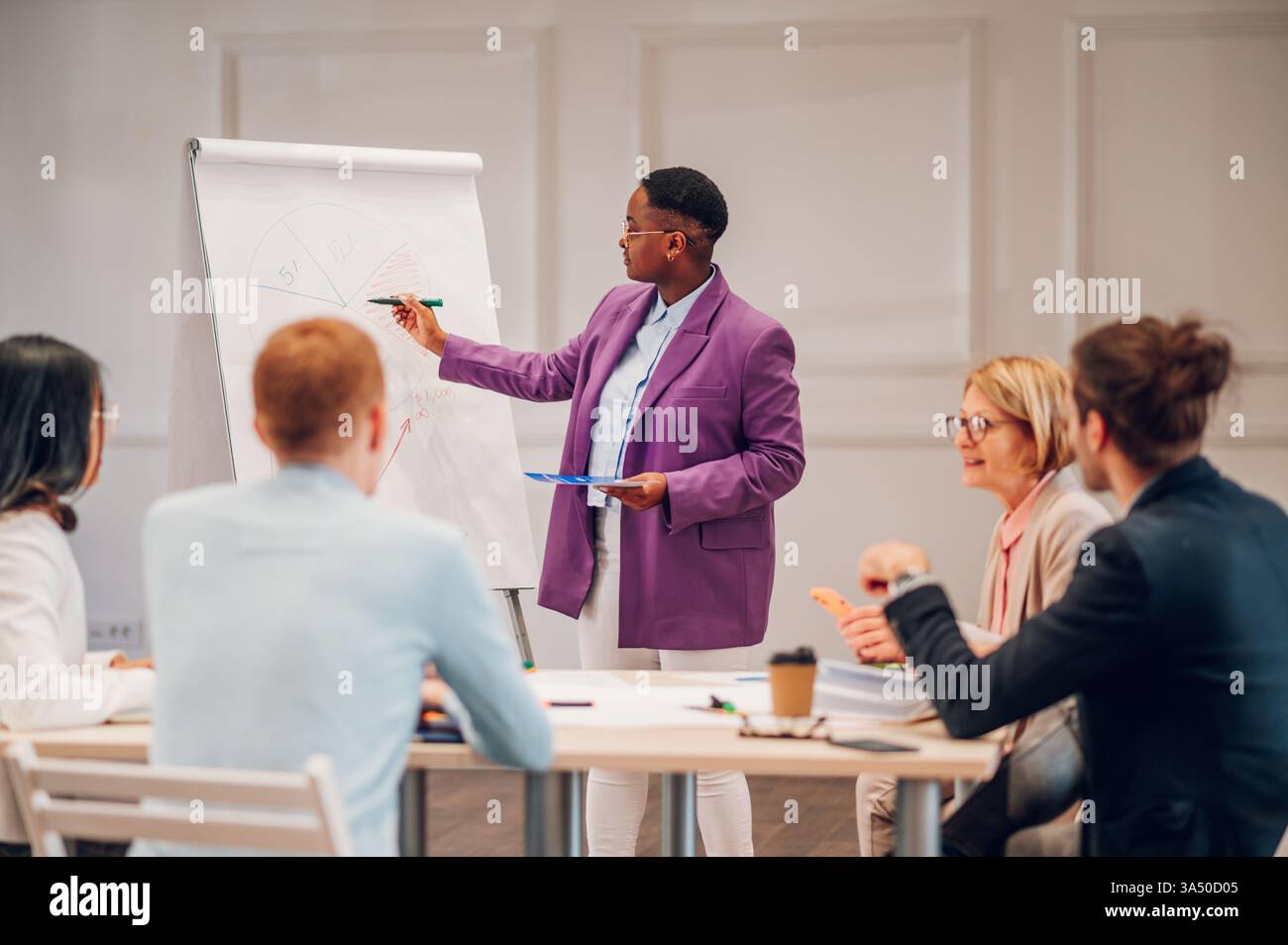African american business woman presenting sales report to team on ...