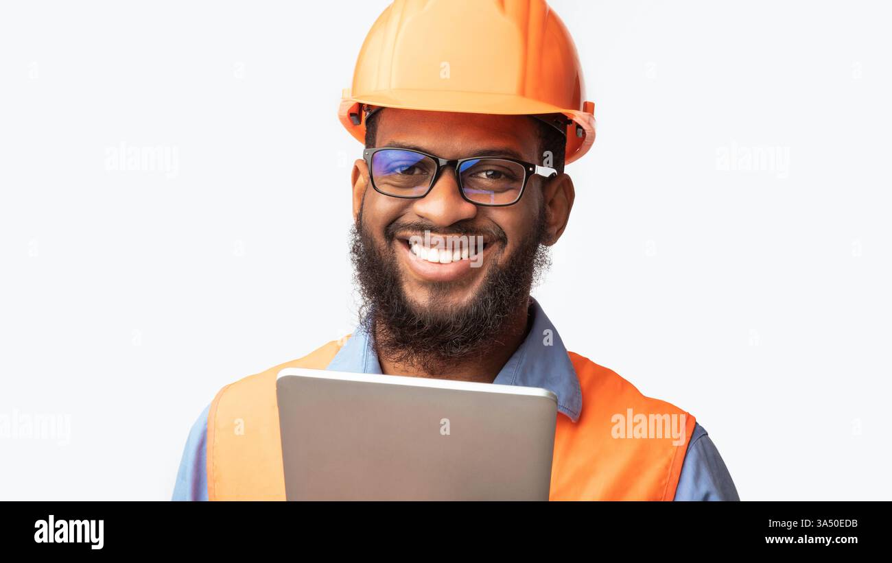 African Architect Man Using Tablet Computer Smiling To Camera Posing On ...