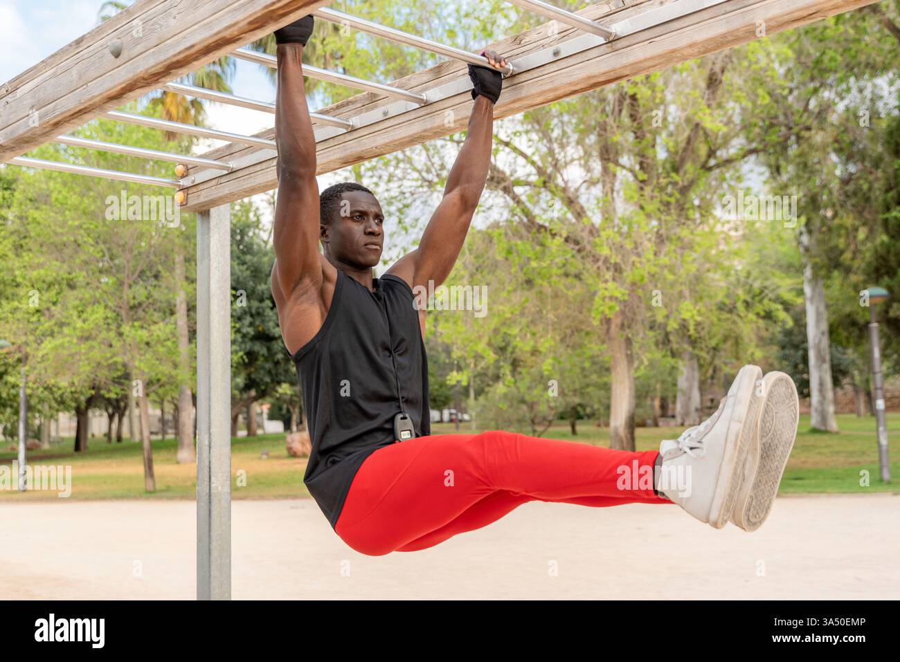 Full body of muscular African American male athlete in activewear ...