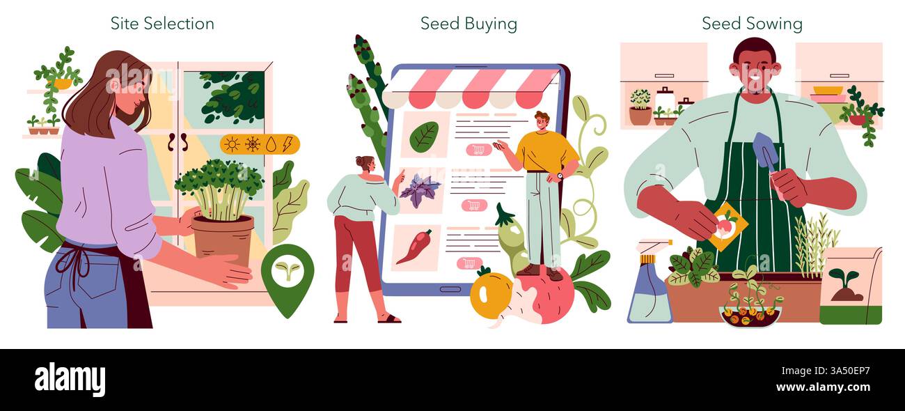 Mini Farms illustration. Focuses on the steps of starting a mini farm ...