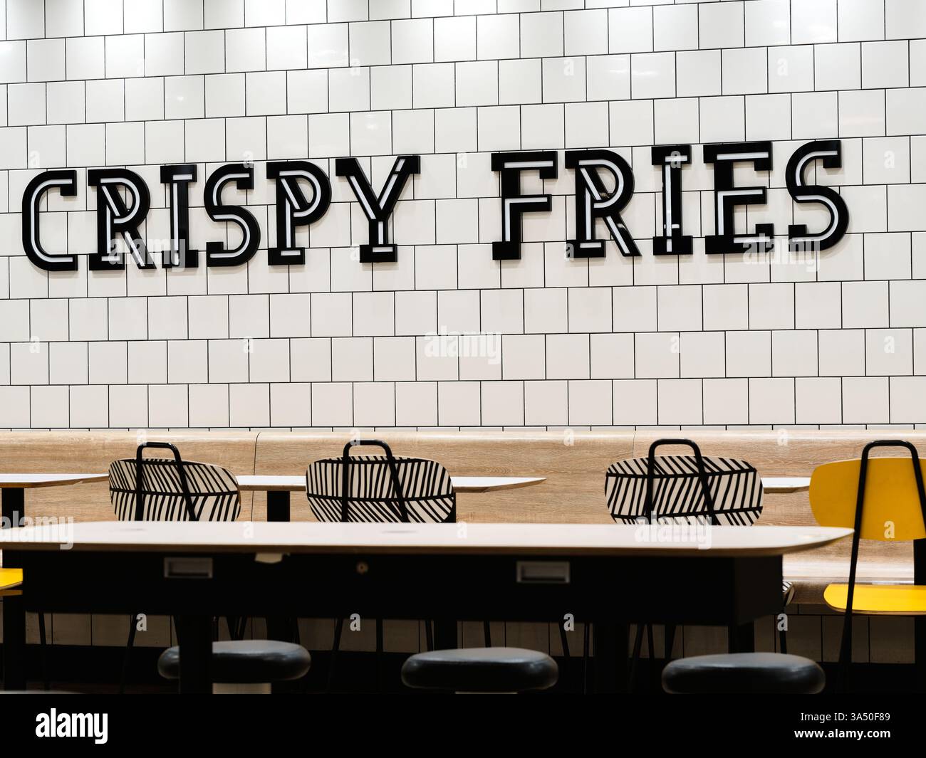 Crispy fries notice at McDonald's fast food restaurant, Cambridge ...